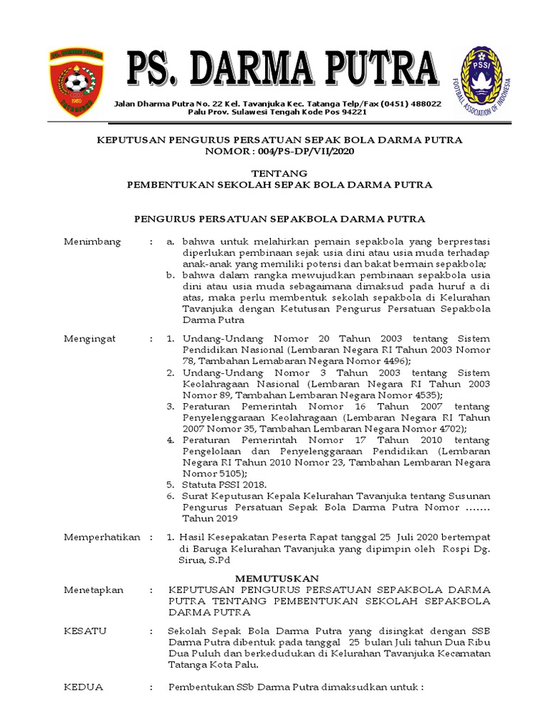 SK Pengurus SSB Darma Putra | PDF