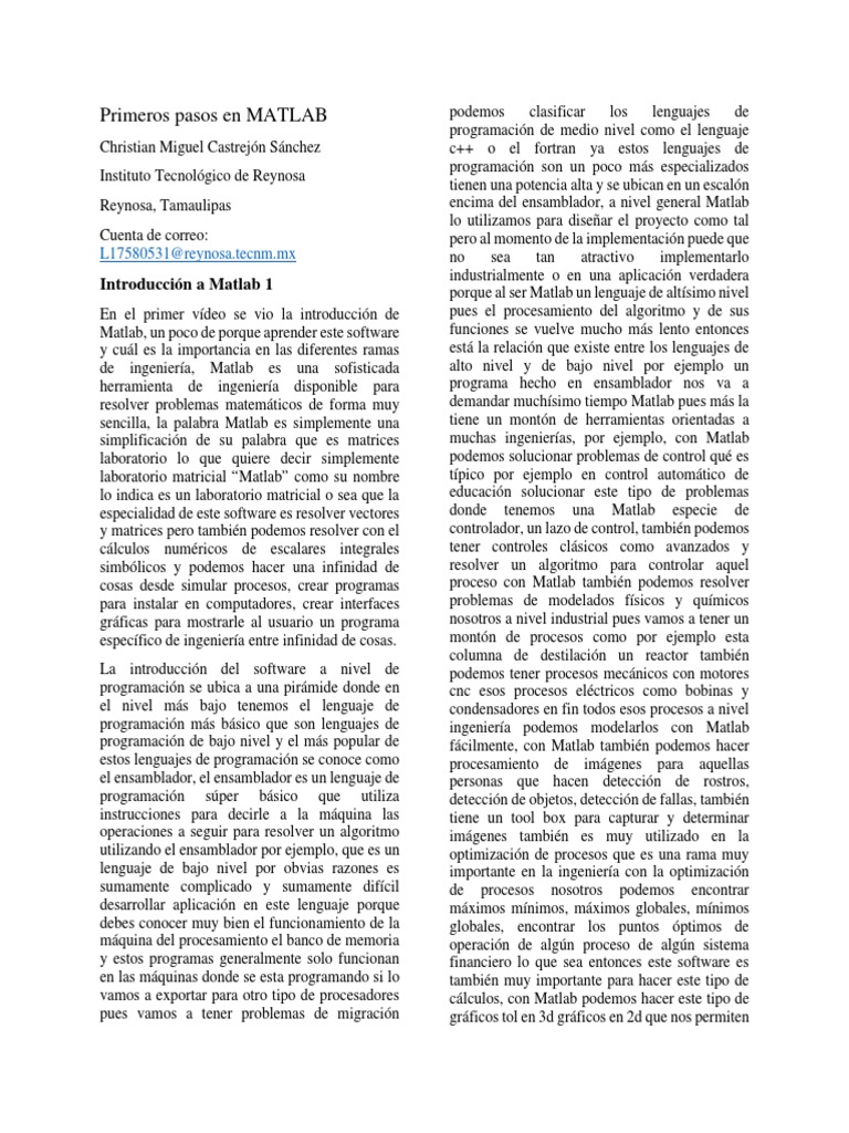 Actividad 4 - Primeros Pasos en MATLAB | PDF | Lenguaje de programación | Matlab