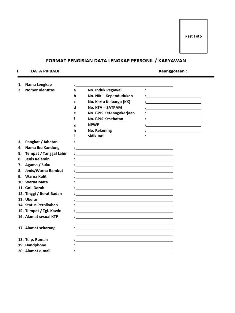 Format Pengisian Data Lengkap Personil | PDF