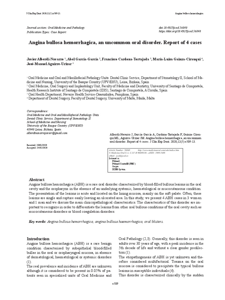 Angina Bullosa Hemorrhagica, An Uncommon Oral Disorder. Report of 4 ...