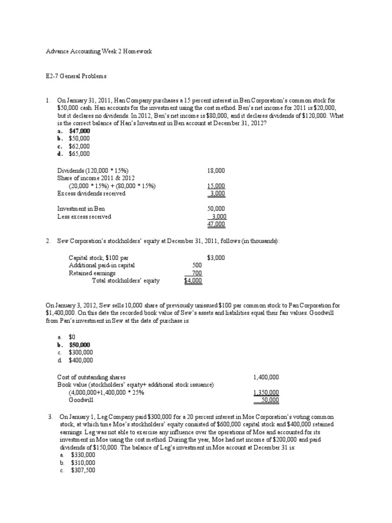 Advance Accounting Week 2 Homework 1 | PDF | Goodwill (Accounting ...