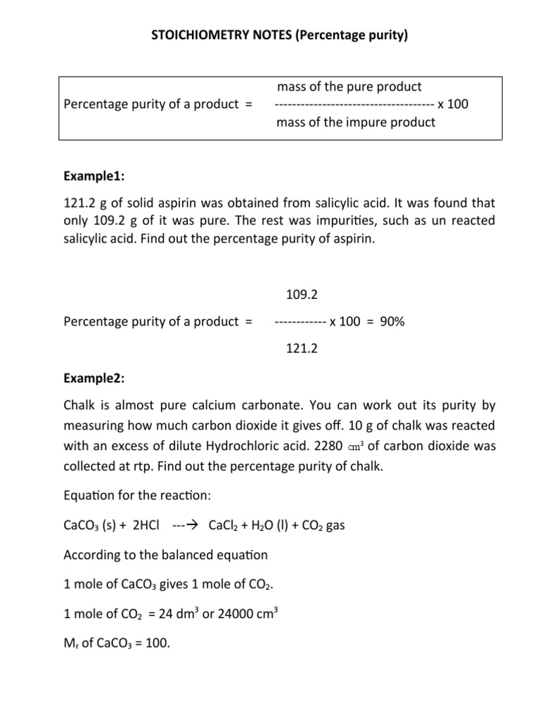 Stoichiometry Worked Examples Percentage Purity | PDF