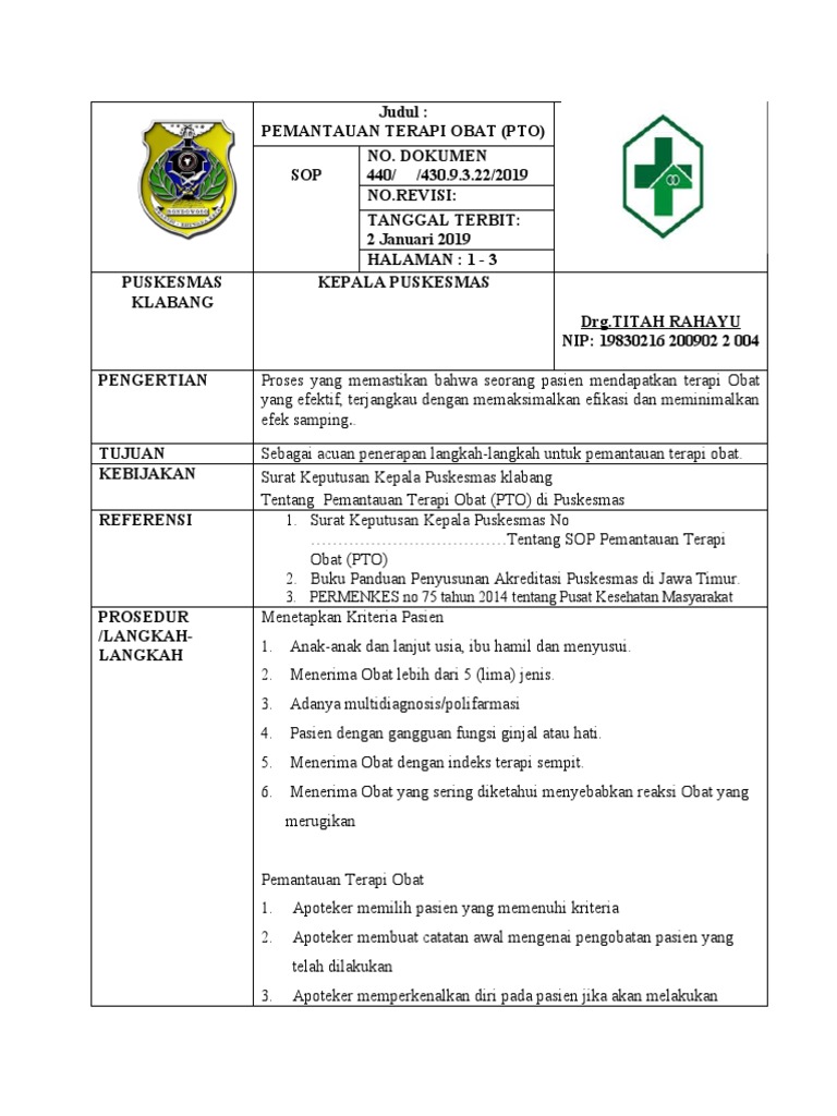 SOP Pemantauan Terapi Obat (PTO) | PDF