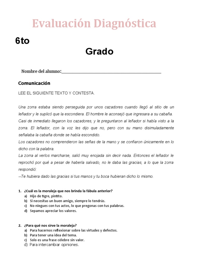 Evaluación Diagnóstica 6to Grado | PDF