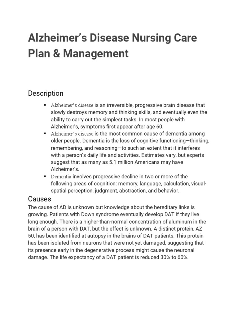 Alzheimer's Disease Nursing Care Plan & Management | PDF