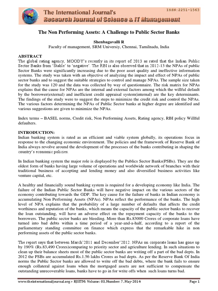 Study On Non Performing Assets | PDF | Banks | Loans