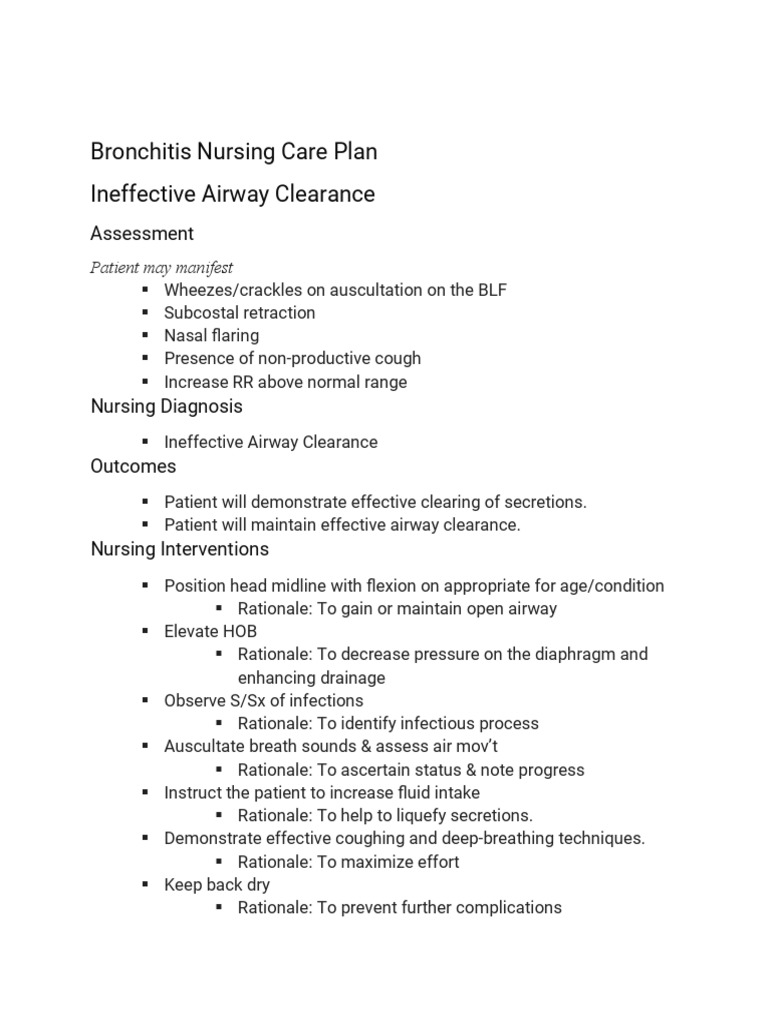Bronchitis Nursing Care Plan | Download Free PDF | Breathing | Respiratory Tract