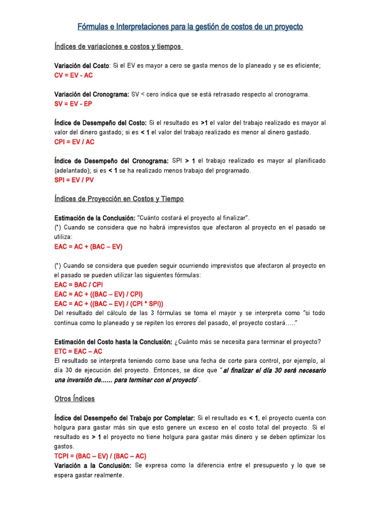 Fórmulas e Interpretaciones para La Gestión de Costos de Un Proyecto ...