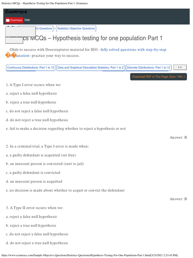 Statistics MCQs: Hypothesis Testing Basics | PDF | Statistical ...