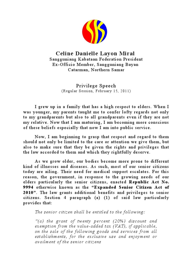 Privilege Speech - Re RA 9994 | PDF | Old Age | Citizenship