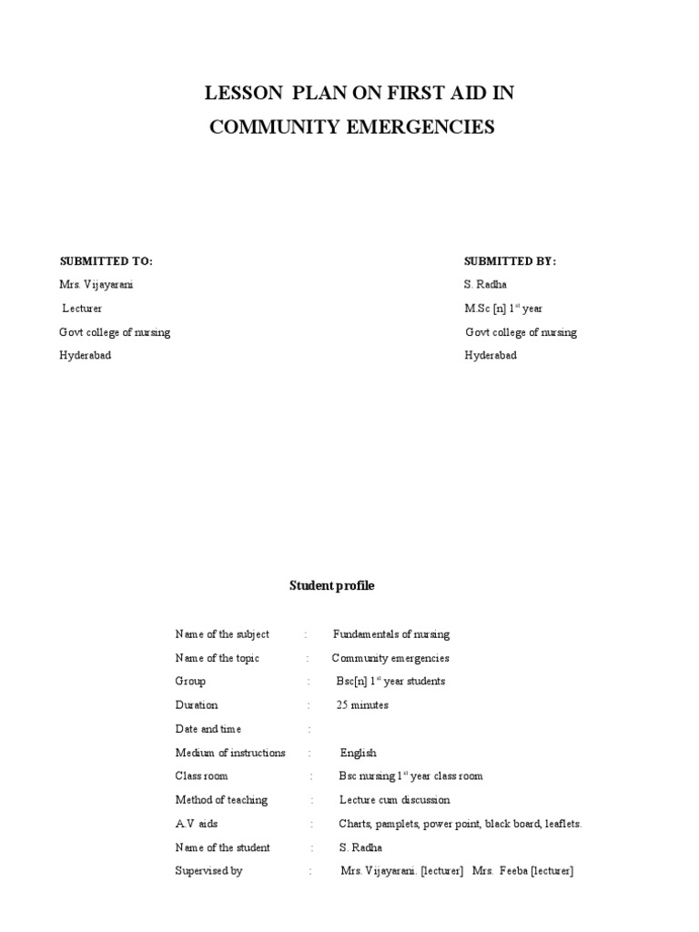 Lesson Plan On First Aid in Community Emergencies | PDF
