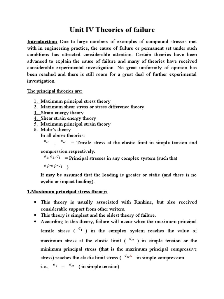 Unit IV Theories of Failure: Introduction: Due To Large Numbers of ...