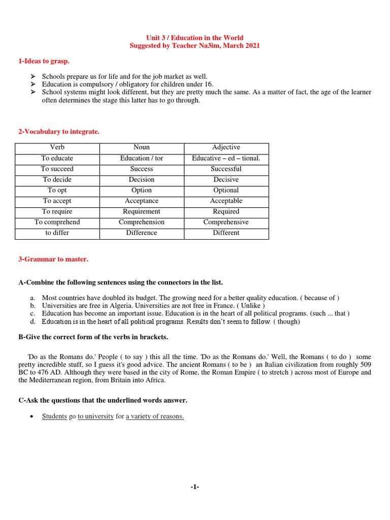 Unit 3: Education in the World Overview | PDF | Roman Empire | Sentence ...