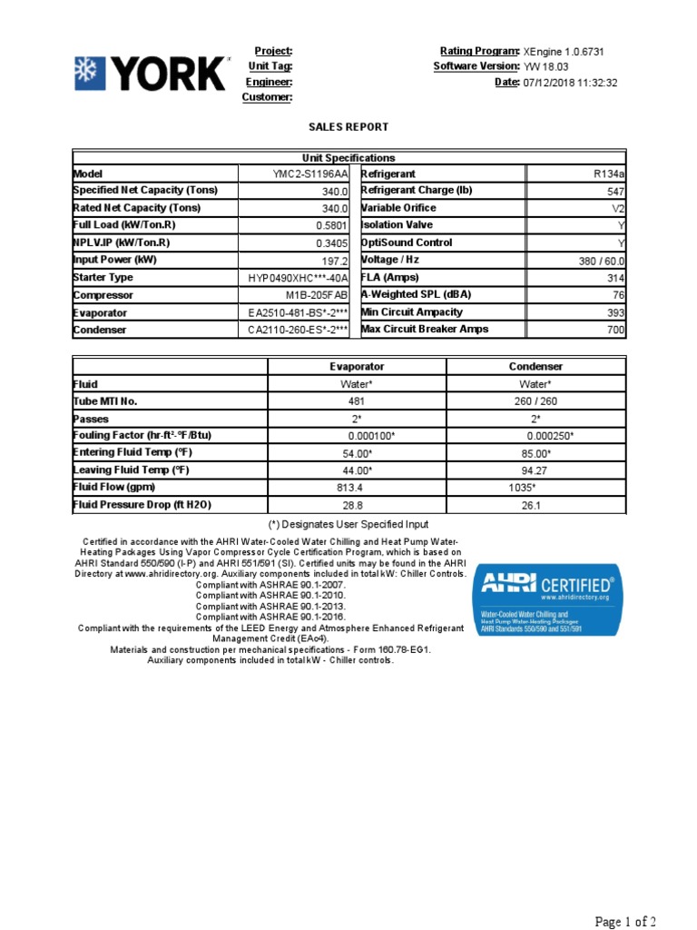 YORK. YMC2-S1196AA Performance | Download Free PDF | Engineering ...