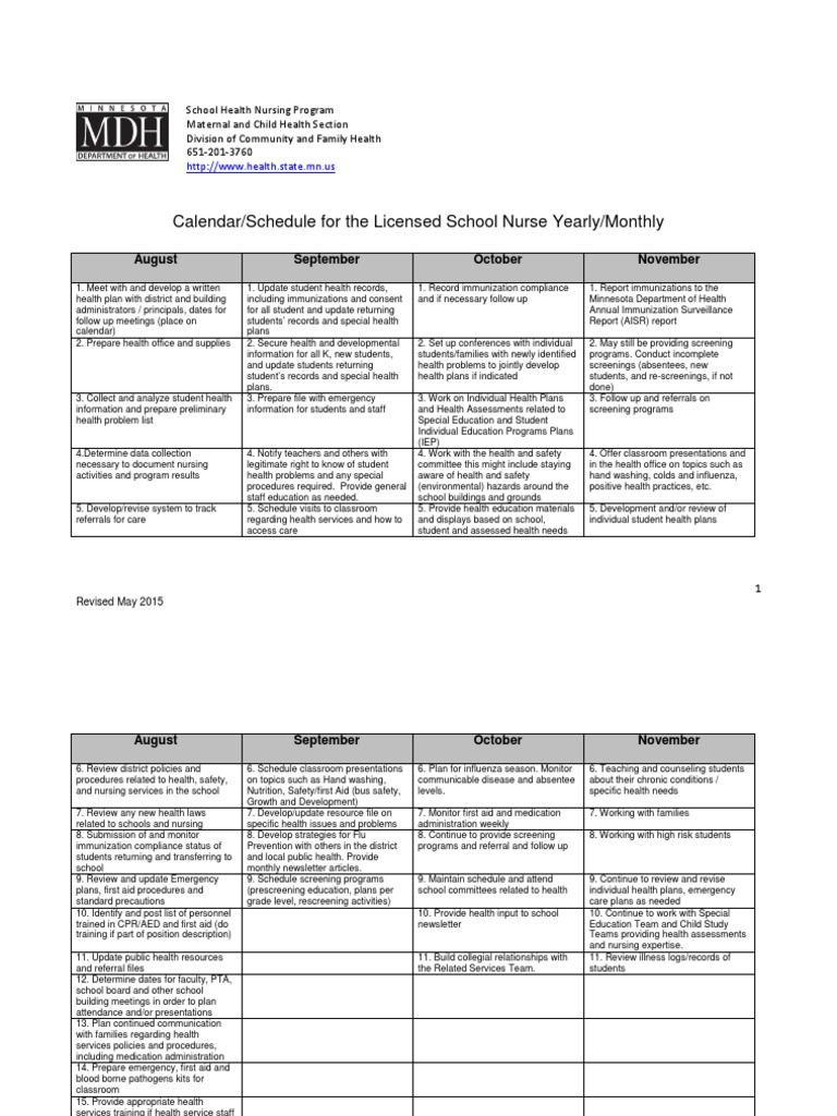 Calendar/Schedule For The Licensed School Nurse Yearly/Monthly | PDF ...
