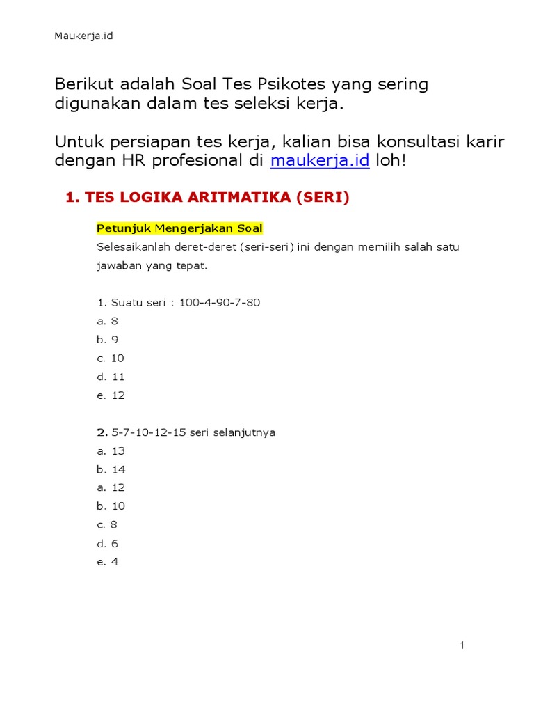 Soal dan Pembahasan Psikotes Kerja | PDF