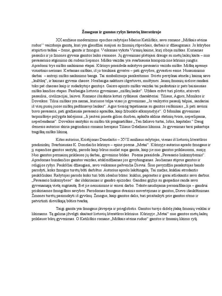 Rasinys Zmogaus Ir Gamtos Rysys Lietuviu Literaturoje - Ernestas | PDF Rasinys Zmogaus Ir Gamtos Rysys Lietuviu Literaturoje - Ernestas | PDF