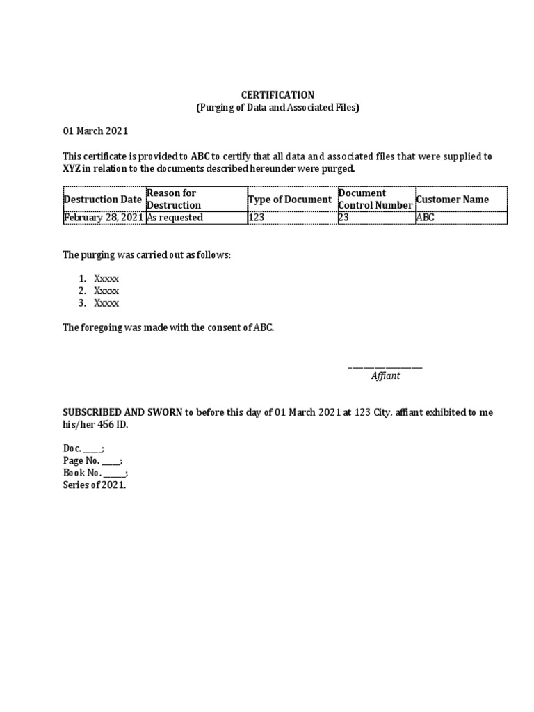 Certificate of Purging (Data) | PDF