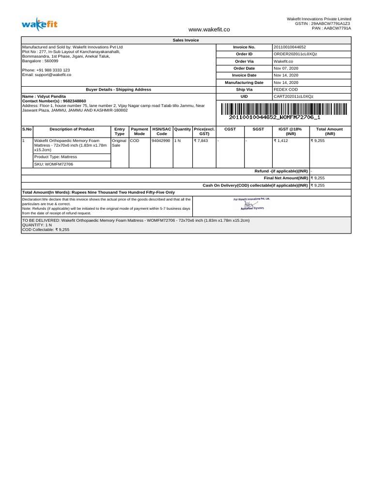WAKEFIT INVOICE ORDER202011cL0XQz 2020112313351606138502 | PDF ...