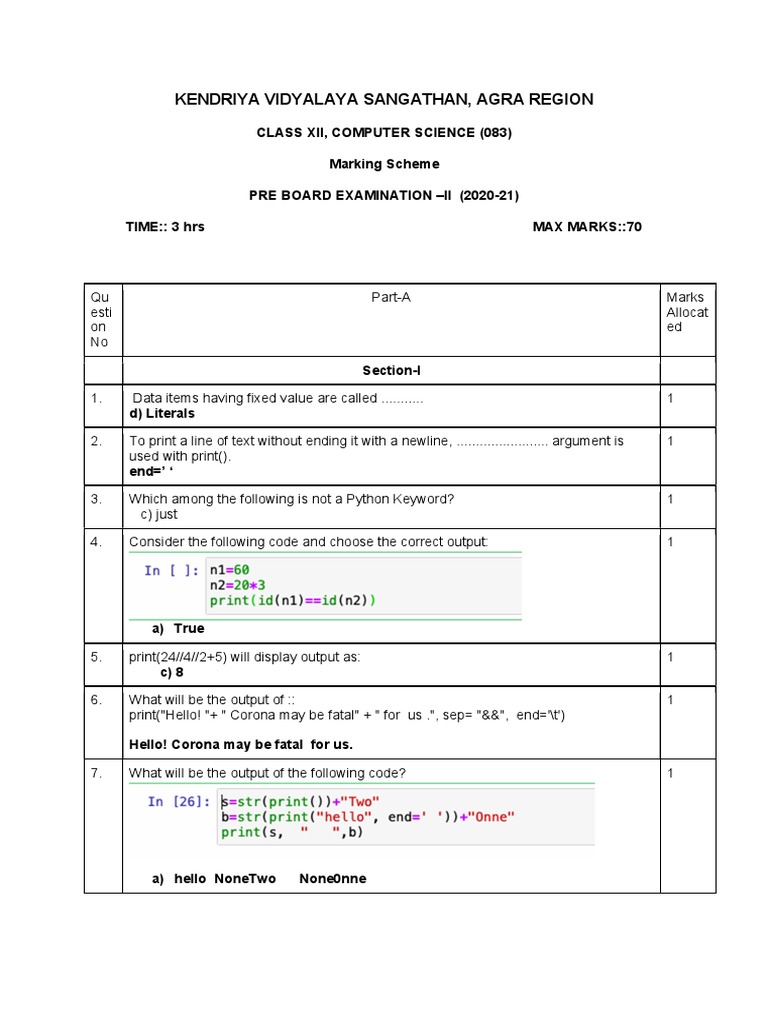 Marking Scheme for Class XII Computer Science Pre Board Examination II (2020-21) | PDF ...