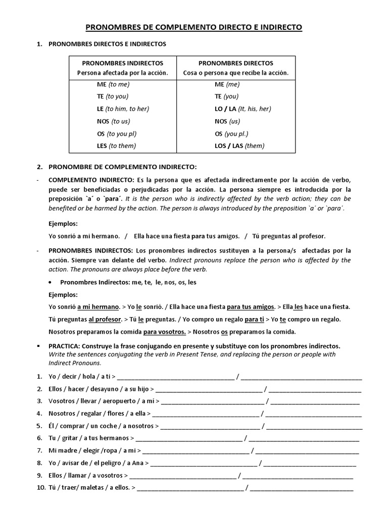 Pronombres Directos e Indirectos en Español | PDF | Objeto (gramática) | Mecánica del lenguaje