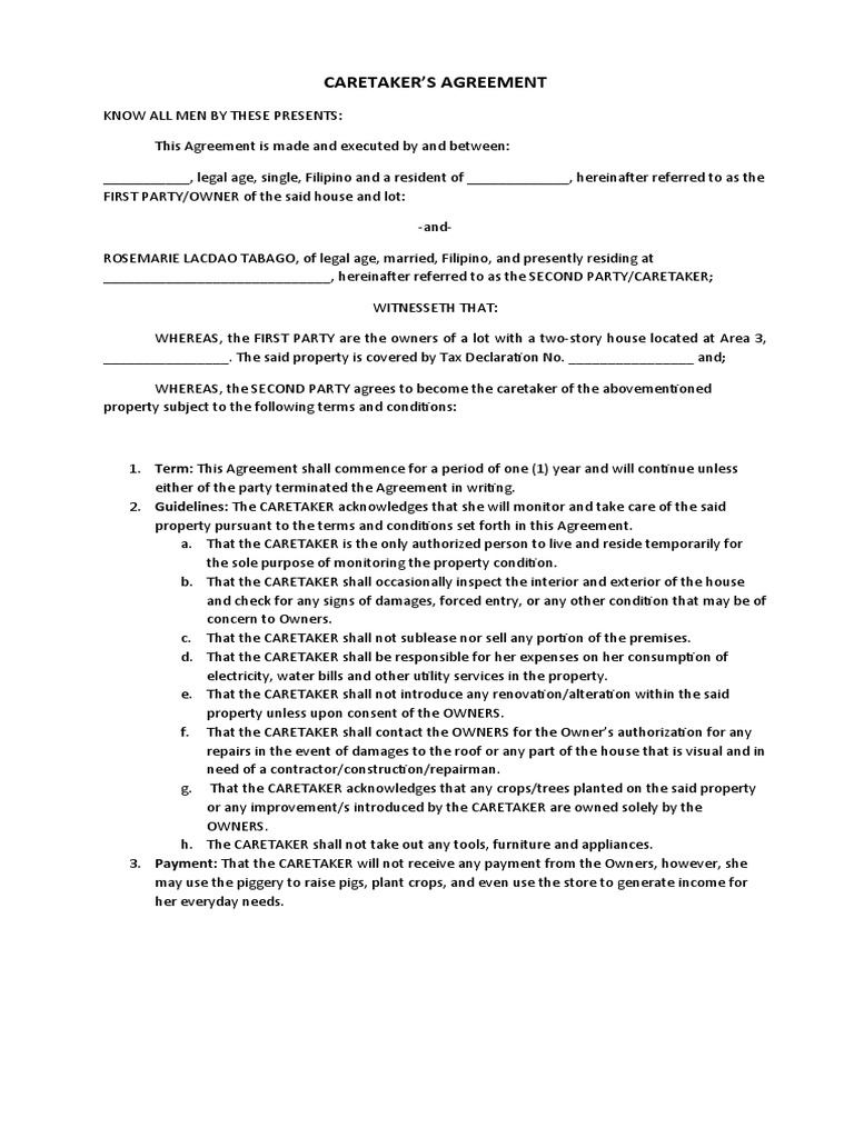Caretaker's Agreement Sample | PDF | Private Law | Common Law