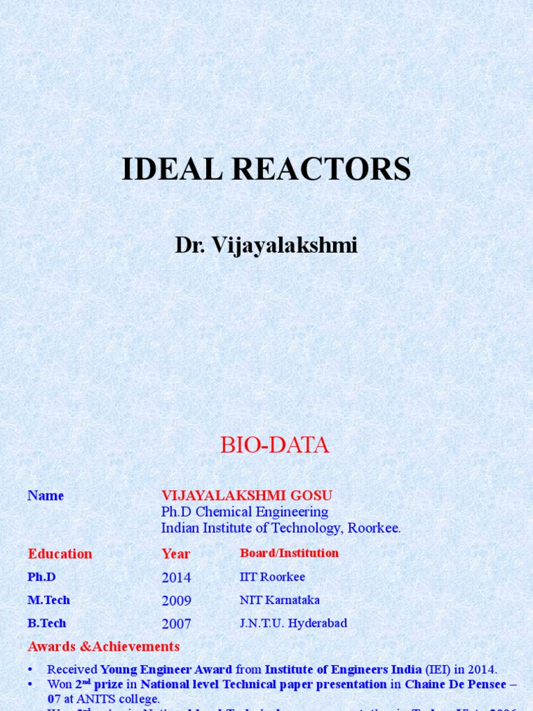 Ideal Reactors: Dr. Vijayalakshmi | PDF | Chemical Reactor | Environmental Technology