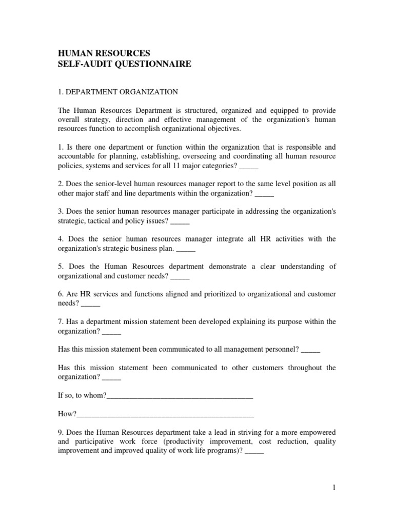 HR Human Resources Self Audit Questionnaire | PDF | Human Resources ...