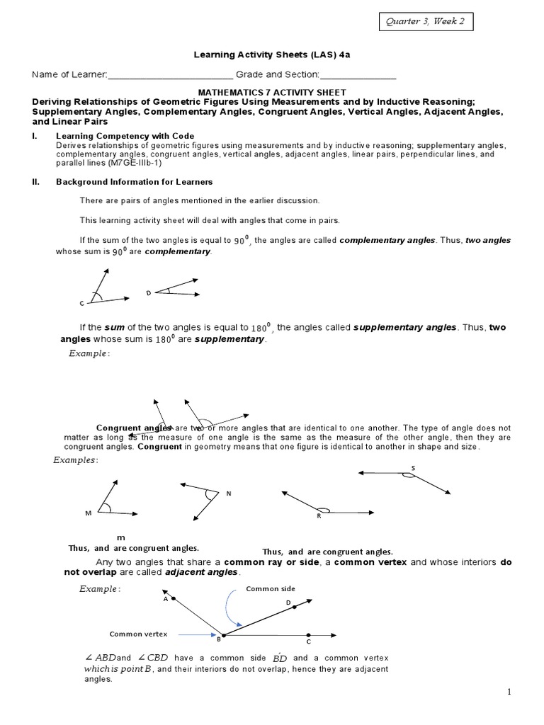 Quarter 3, Week 2: Mathematics 7 Activity Sheet | PDF | Angle ...
