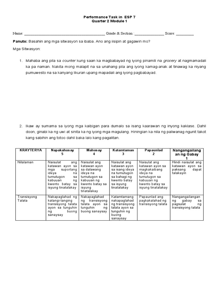 Performance Task in ESP 7 q2 1 | PDF