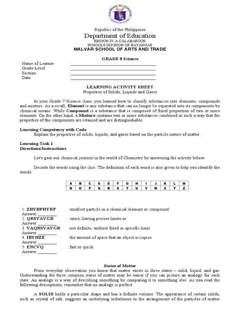 Department of Education: Malvar School of Arts and Trade GRADE 8 ...