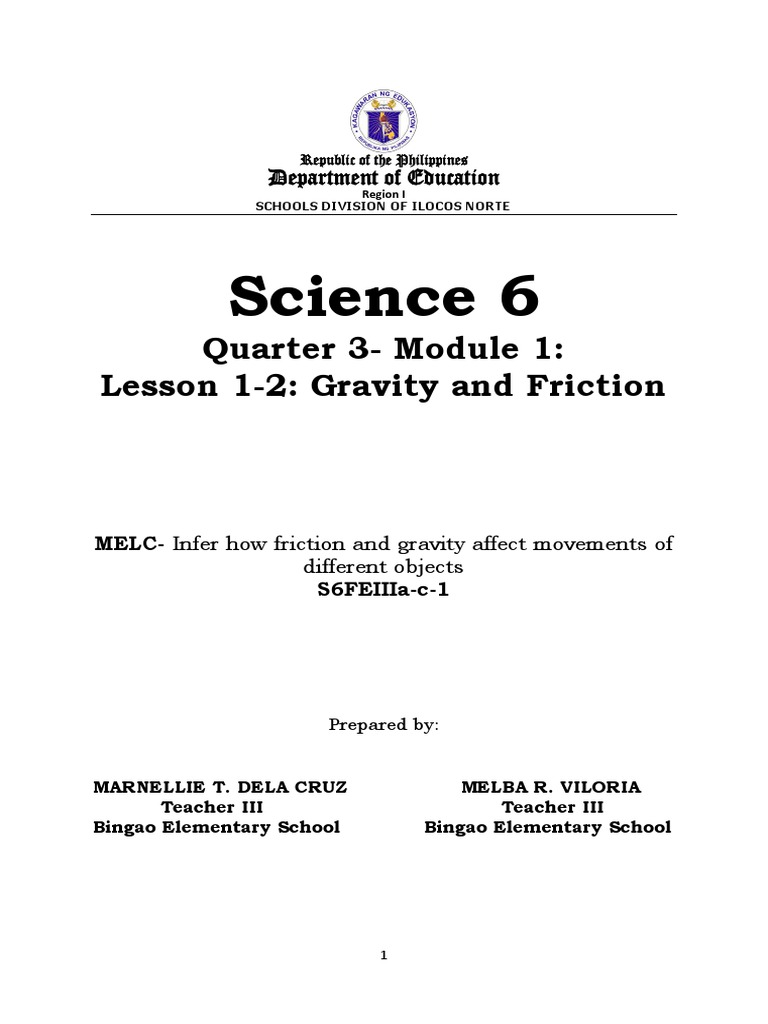 Science 6: Quarter 3-Module 1: Lesson 1-2: Gravity and Friction | PDF ...