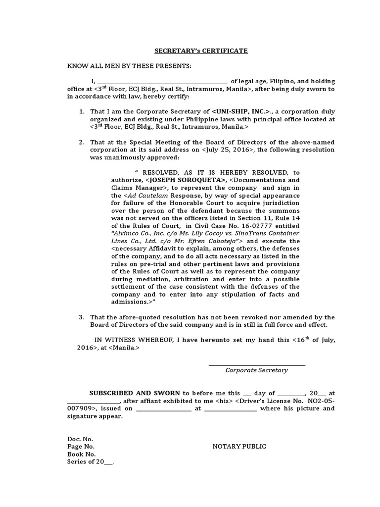 Secretary's Certificate FORM | PDF | Document | Government