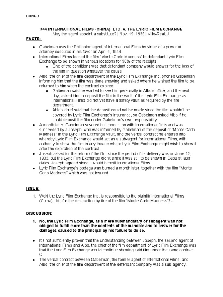 44 International Films v. Lyric Film Exchange | PDF | Law Of Agency ...