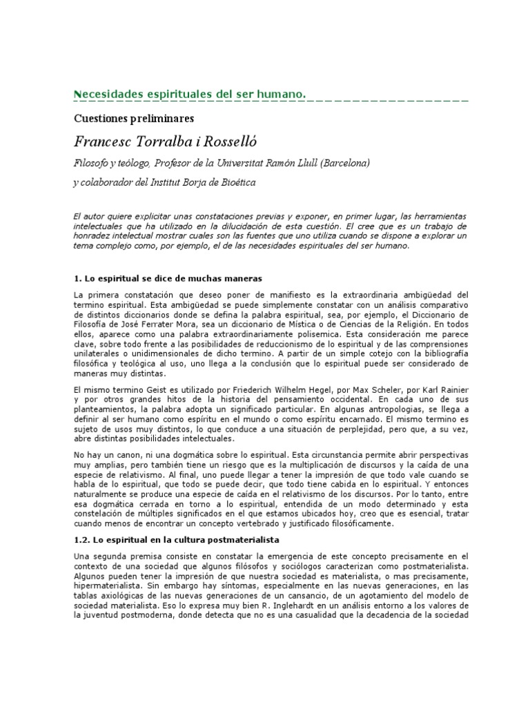 Necesidades Espirituales Del Ser Humano FRANCESC TORRALBA | PDF