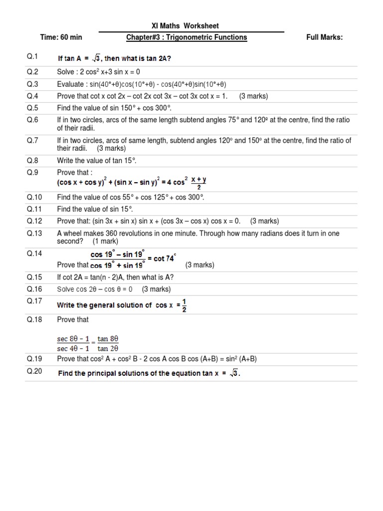 CBSE Class 11 Mathematics Worksheet - Trigonometric Functions | PDF