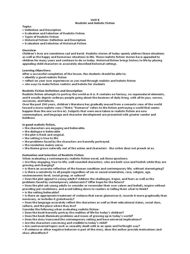 Unit 6 Realistic and Holistic Fiction Topics | PDF | Young Adult ...