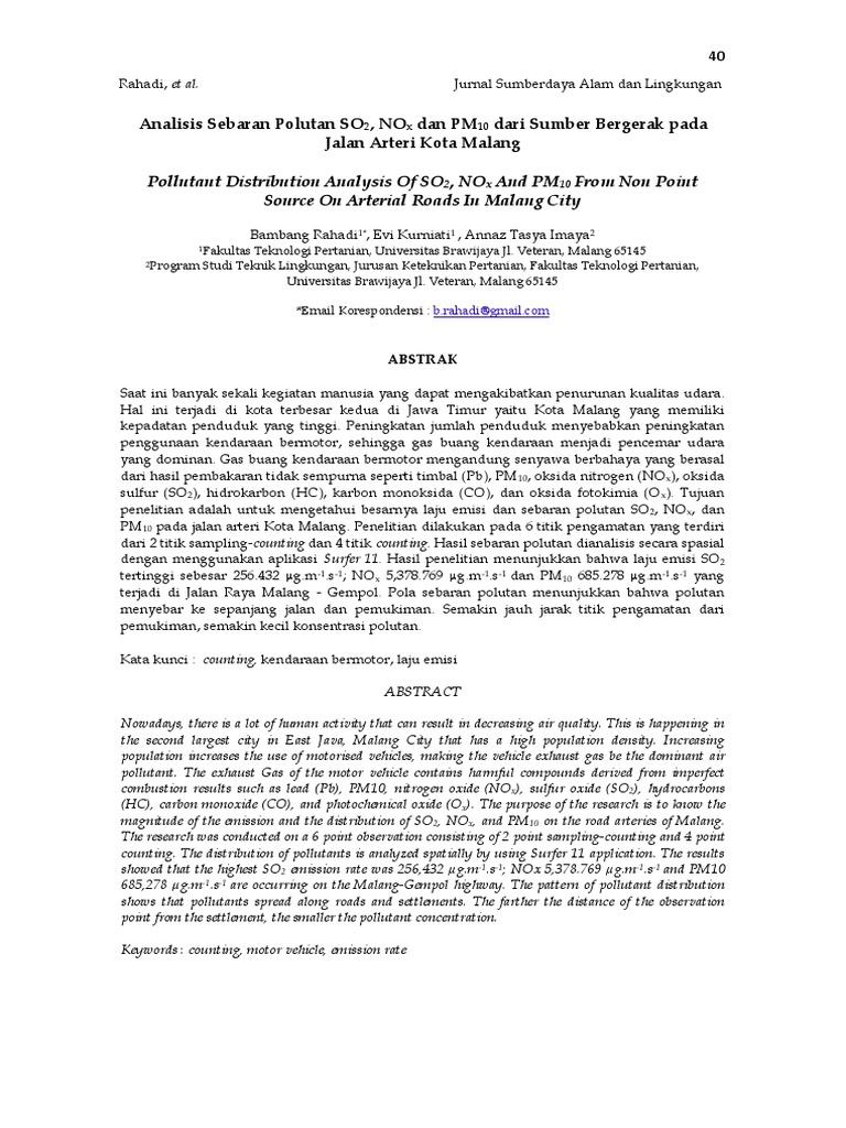 Analisis Sebaran Polutan SO2, NOx Dan PM10 Dari Sumber Bergerak Pada Jalan Arteri Kota Malang ...