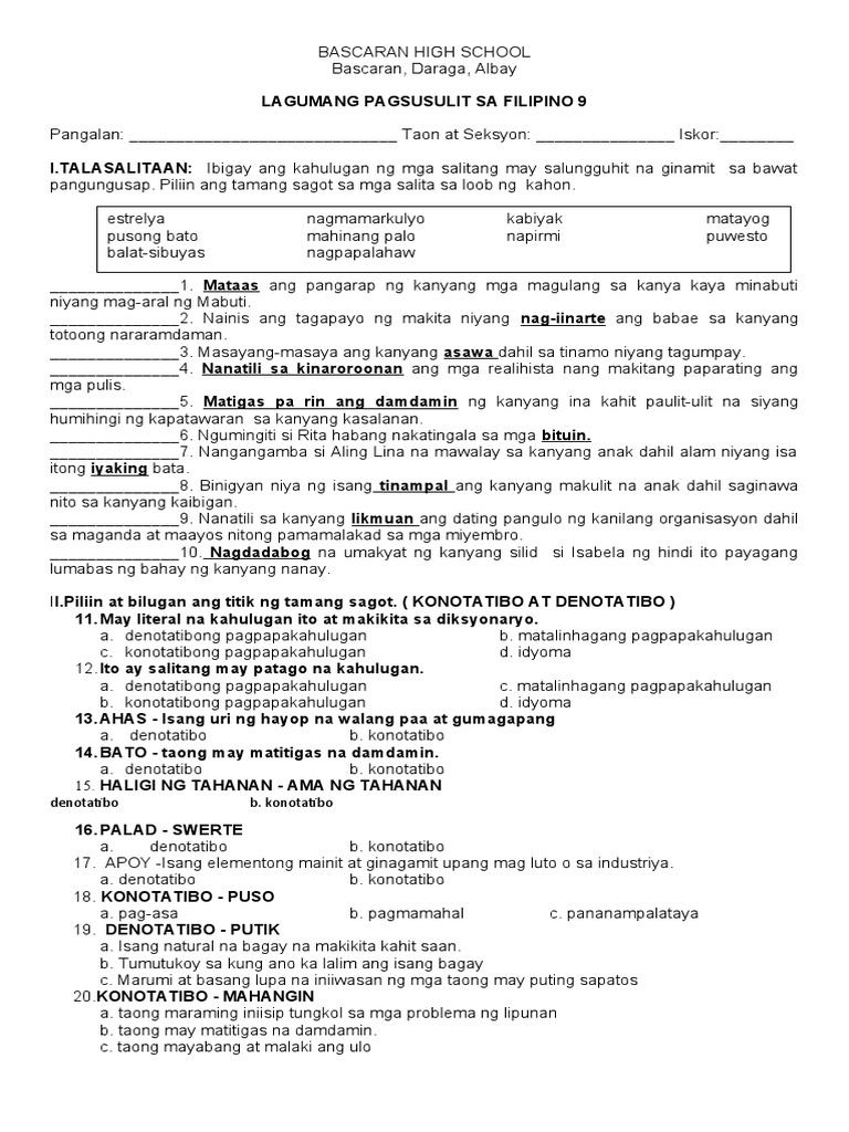 Lagumang Pagsusulit Sa Filipino 9 1st Quarter 2021 | PDF