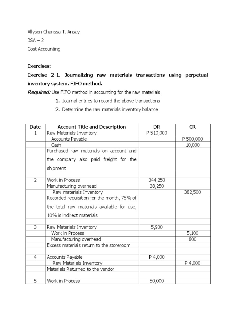 Ansay, Allyson Charissa T. - BSA 2 - Accounting For Raw Materials | PDF ...