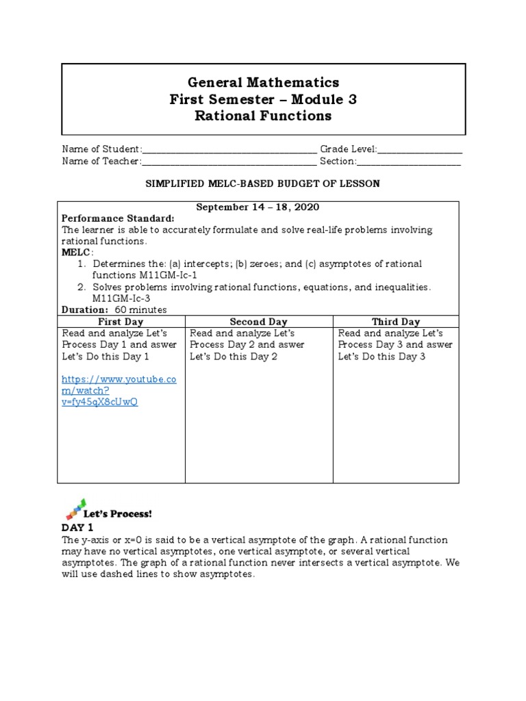 General Mathematics First Semester - Module 3 Rational Functions | PDF | Asymptote | Function ...
