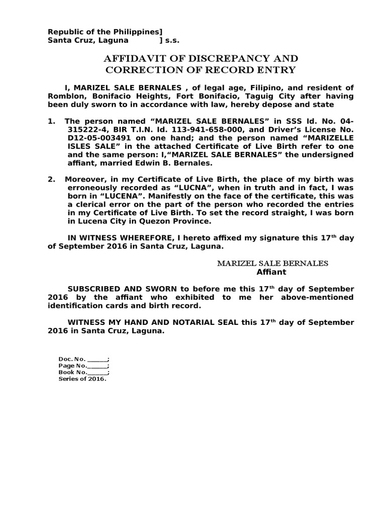 Affidavit of Correction of Entry | PDF | Law