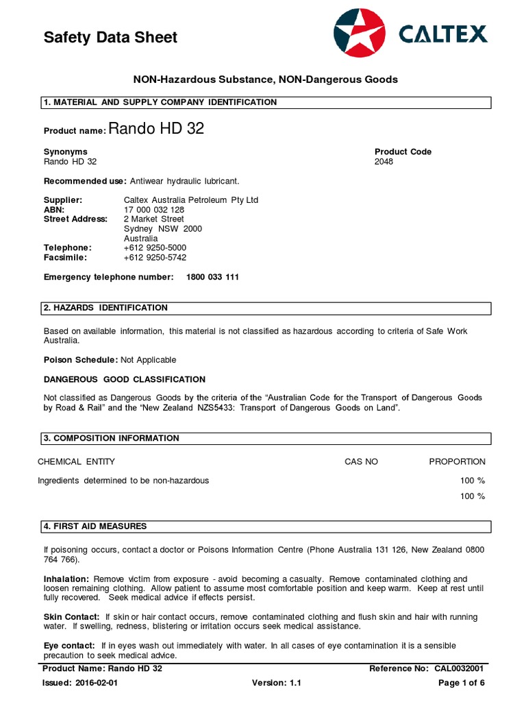 Rando HD 32: Safety Data Sheet | PDF | Toxicity | Dangerous Goods