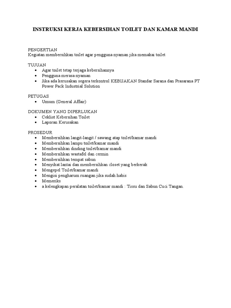 INSTRUKSI KERJA Kebersihan TOILET DAN KAMAR MANDI | PDF