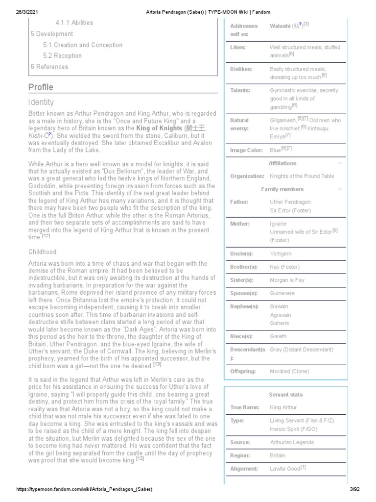 Artoria Pendragon (Saber) - TYPE-MOON Wiki - Fandom3 | PDF ...