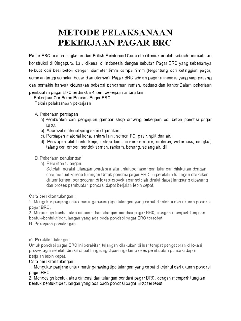 Metode Pelaksanaan Pekerjaan Pagar BRC | PDF | Teknologi & Rekayasa