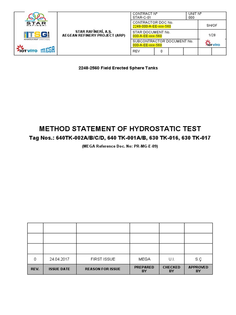 Method Statement of Hydrostatic Test | PDF | Pipe (Fluid Conveyance ...