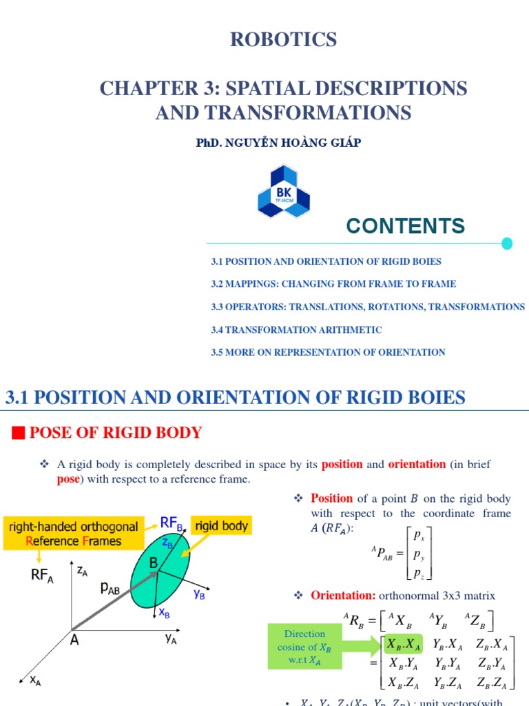 Robotics Chapter 3: Spatial Descriptions and Transformations | PDF | Rotation | Mechanics