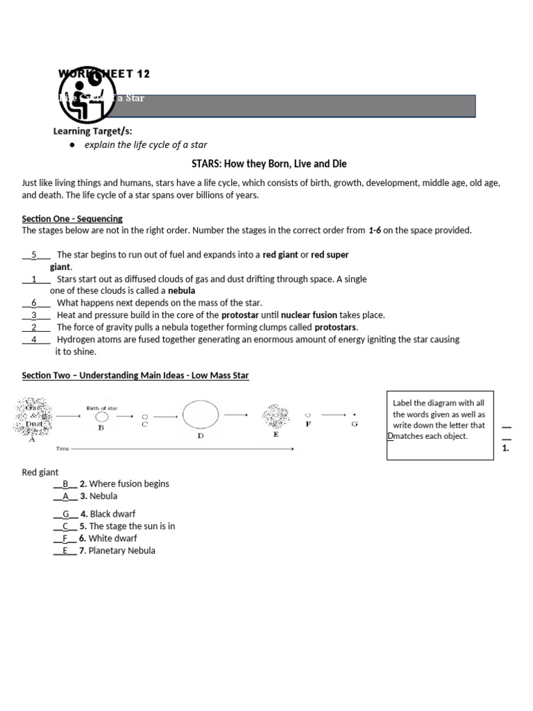 Worksheet 12 - Life Cycle of A Star | PDF | Stellar Astronomy | Stars