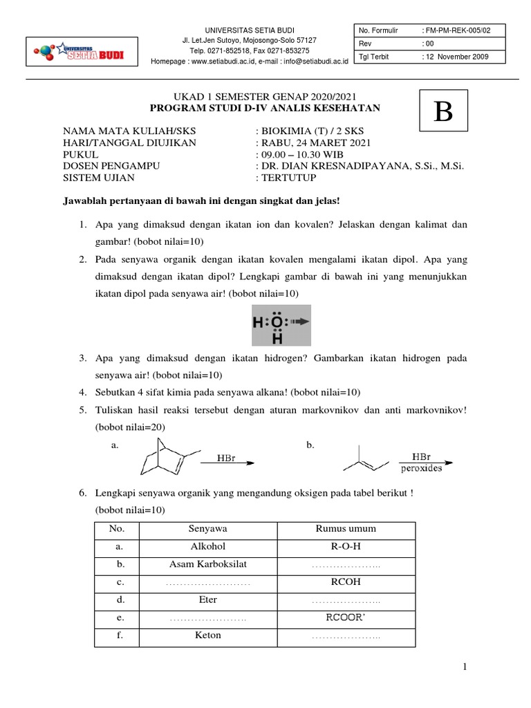 Soal Ukad 1 Teori Biokimia 2019 | PDF